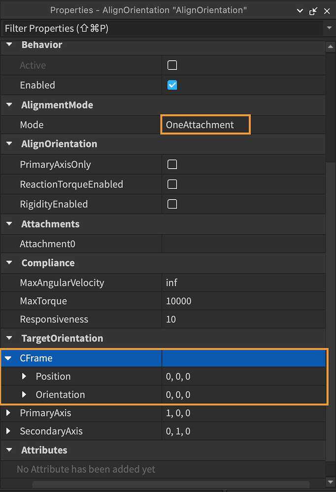 AlignOrientation CFrame Is Missing From Properties Studio Features