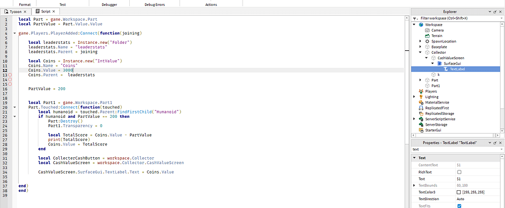 Why Isnt My Coins Not Text On The Part Scripting Support