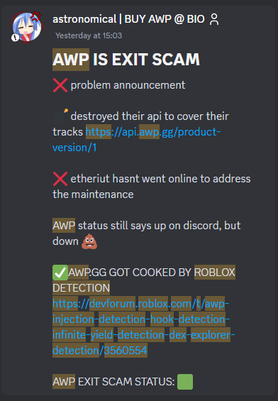 AWP Injection Detection Hook Detection Infinite Yield Detection Dex