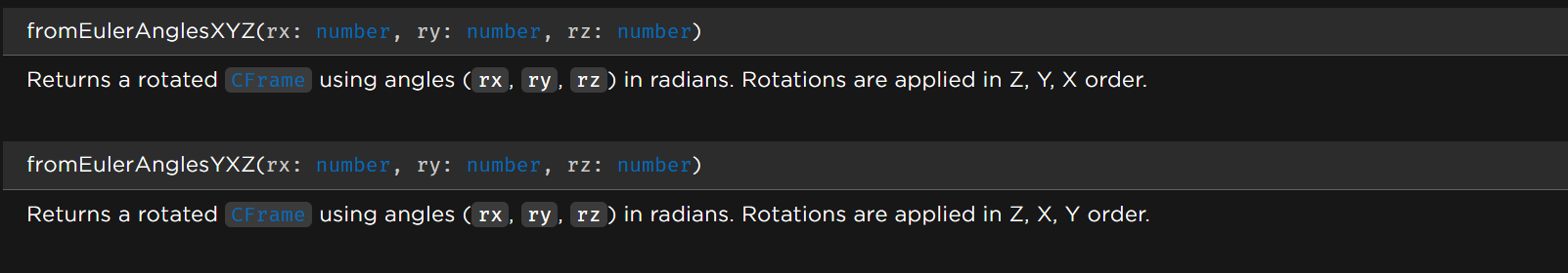 Missing CFrame FromEulerAngles Constructor Documentation Issues