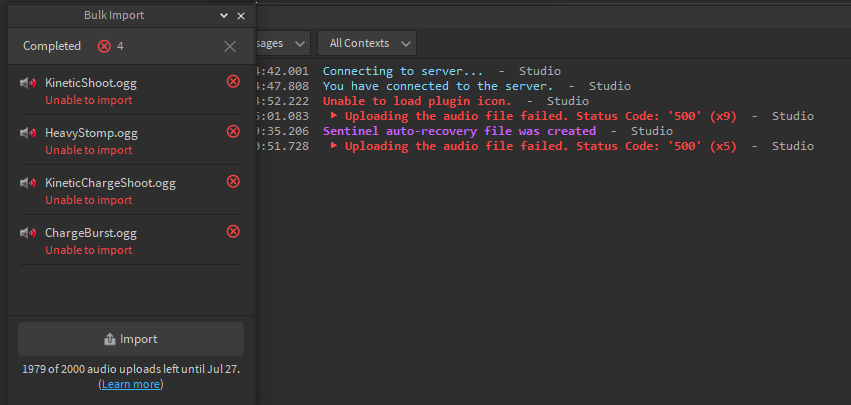 Audio Upload Consistently Failing Studio Bugs Developer Forum Roblox