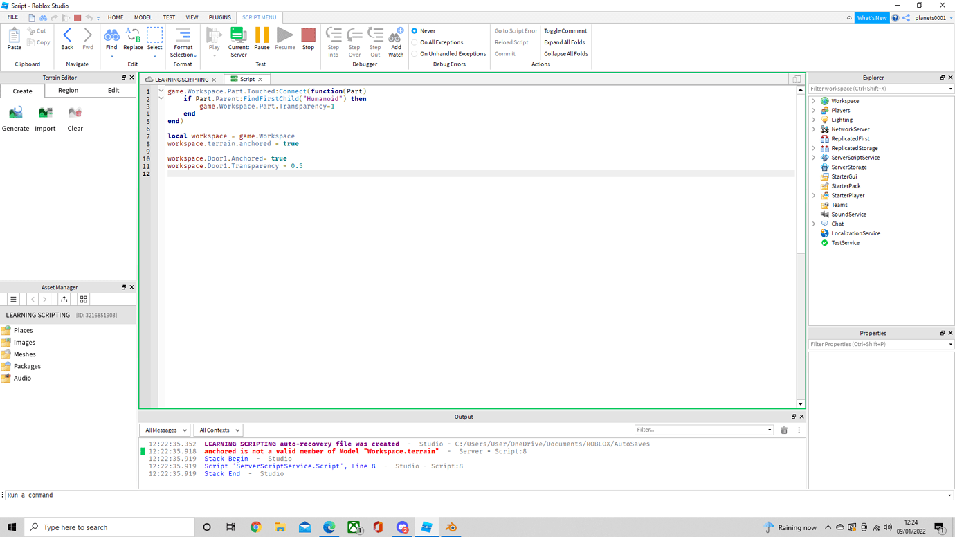 Anchored is not a valid member of Model "Workspace.terrain". I don't ...