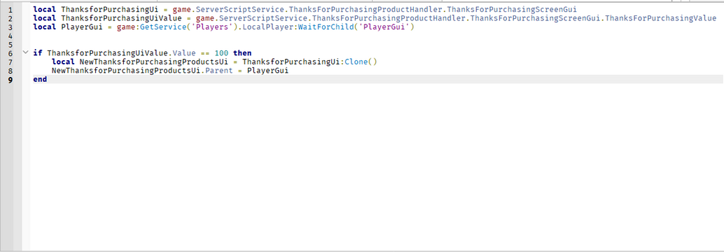 I am Trying to Make a Gui appear when a Player Purchases a Product ...