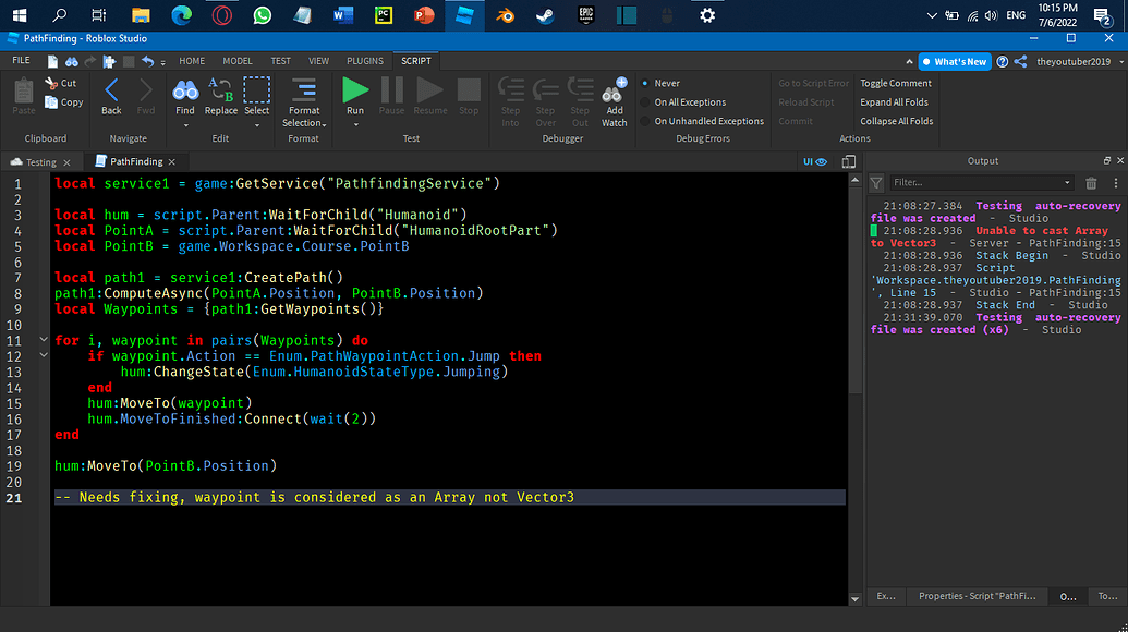 PathFinding Script Error - Scripting Support - Developer Forum | Roblox