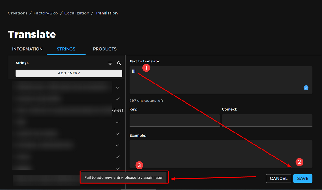 Can't save translation ("Fail to add new entry, please try again later ...