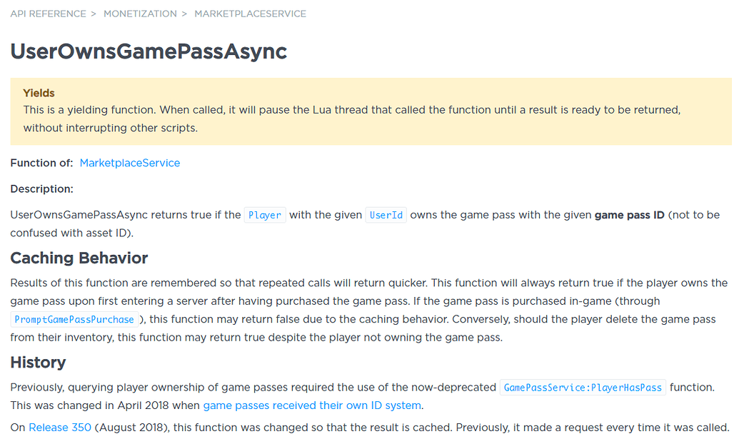 Improved description for UserOwnsGamePassAsync - Documentation Issues - Developer Forum | Roblox