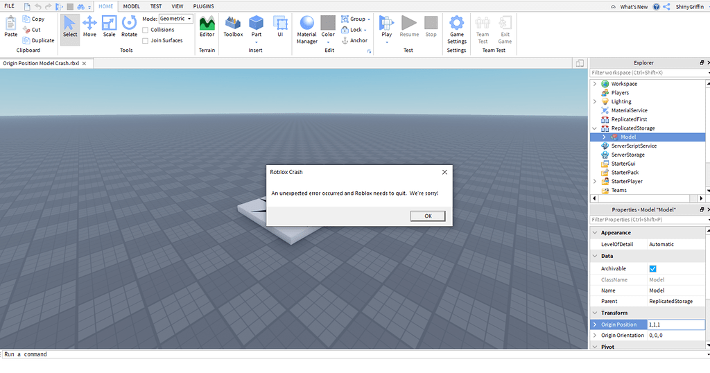 Studio Immediately Crashes when changing the OriginPosition of a Model inside of ...