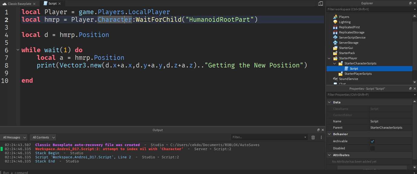 Character index nil - Scripting Support - Developer Forum | Roblox