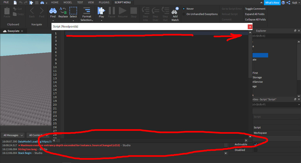 Issues with studio, script editing results in an endless loop ...