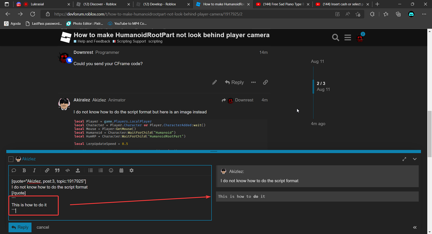 How to make HumanoidRootPart not look behind player camera - Scripting Support - Developer Forum ...