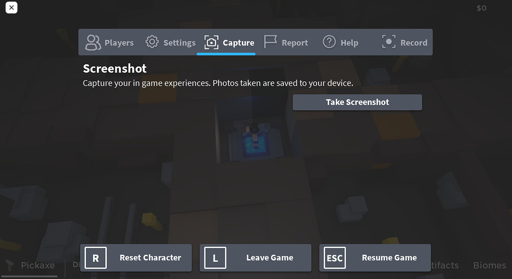 Both the "Capture" and "Record" tabs in the Roblox menu have a ...
