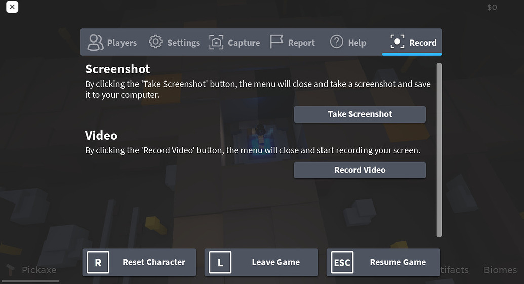 Both the "Capture" and "Record" tabs in the Roblox menu have a ...