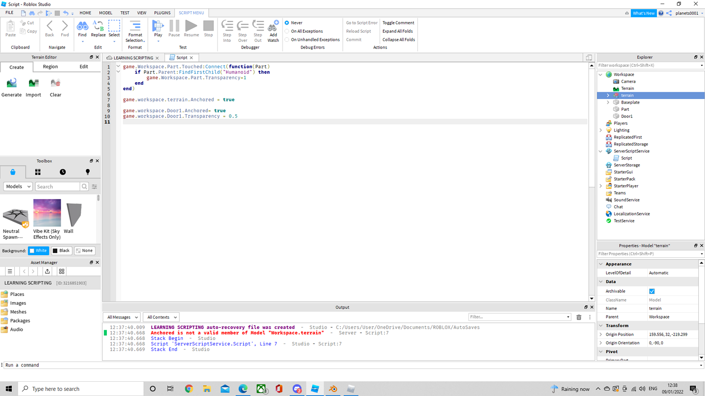 Anchored is not a valid member of Model "Workspace.terrain". I don't understand what I have done ...
