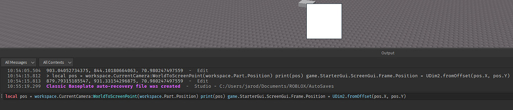 Camera:WorldToScreenPoint() returning less than 1 for x and y, not ...