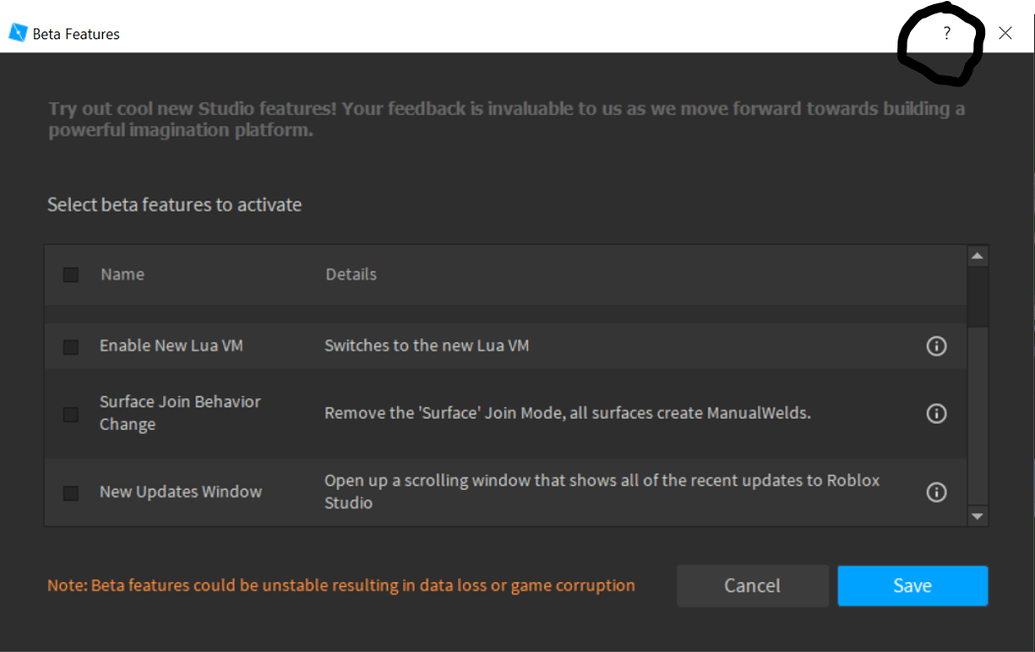 Question mark symbol shouldn't be in Beta Features window - Studio Bugs ...