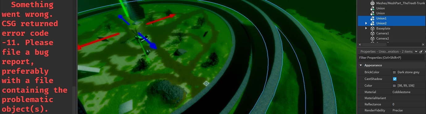 CSG Union Returning with Error -11: - Studio Bugs - Developer Forum | Roblox