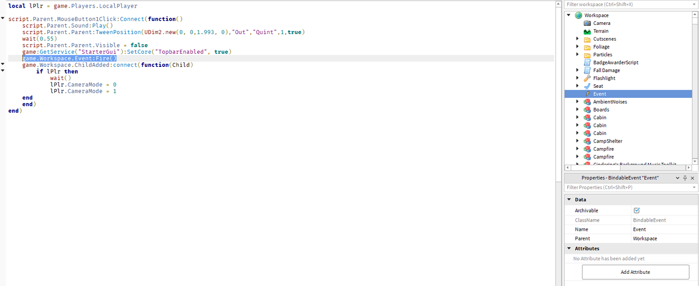 Help With Bindableevents Play A Cutscene When Play Button Is Pressed Scripting Support 