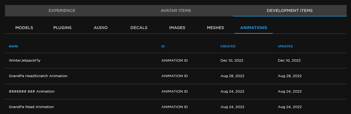 Creator Dashboard - Ability to see asset IDs on development items for ...