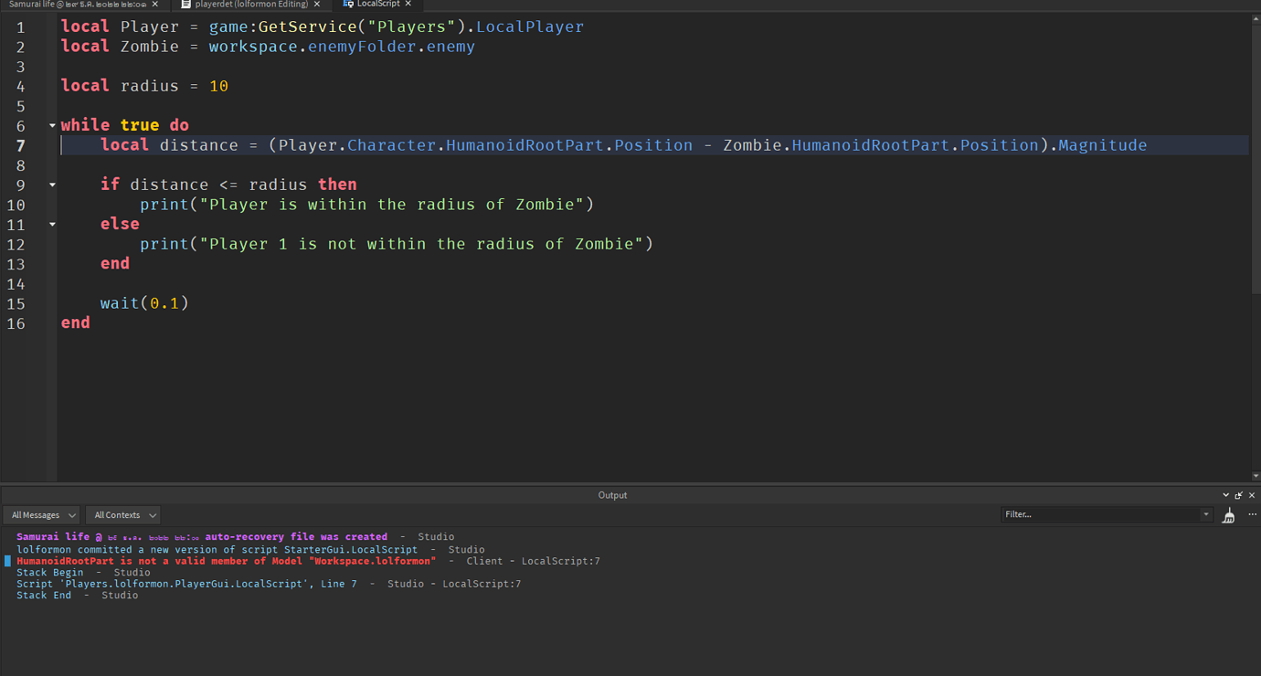 Zombie player detecting range! - Scripting Support - Developer Forum | Roblox