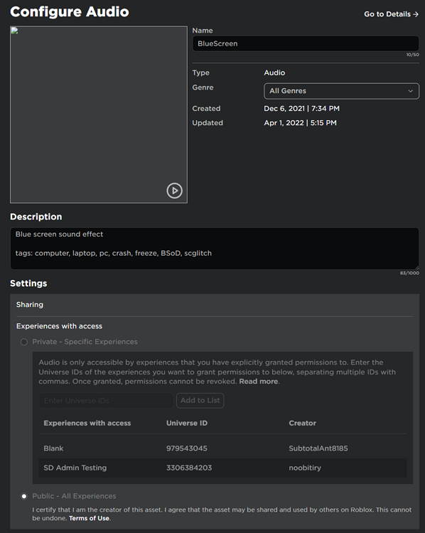 How do I allow audio usage on another game - Game Design Support - Developer Forum | Roblox