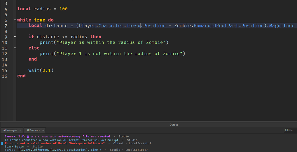 Zombie player detecting range! - Scripting Support - Developer Forum | Roblox