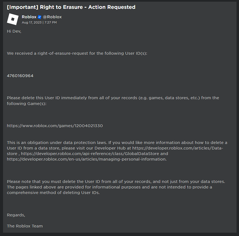 Right to Erasure - Action Requested - Platform Usage Support ...