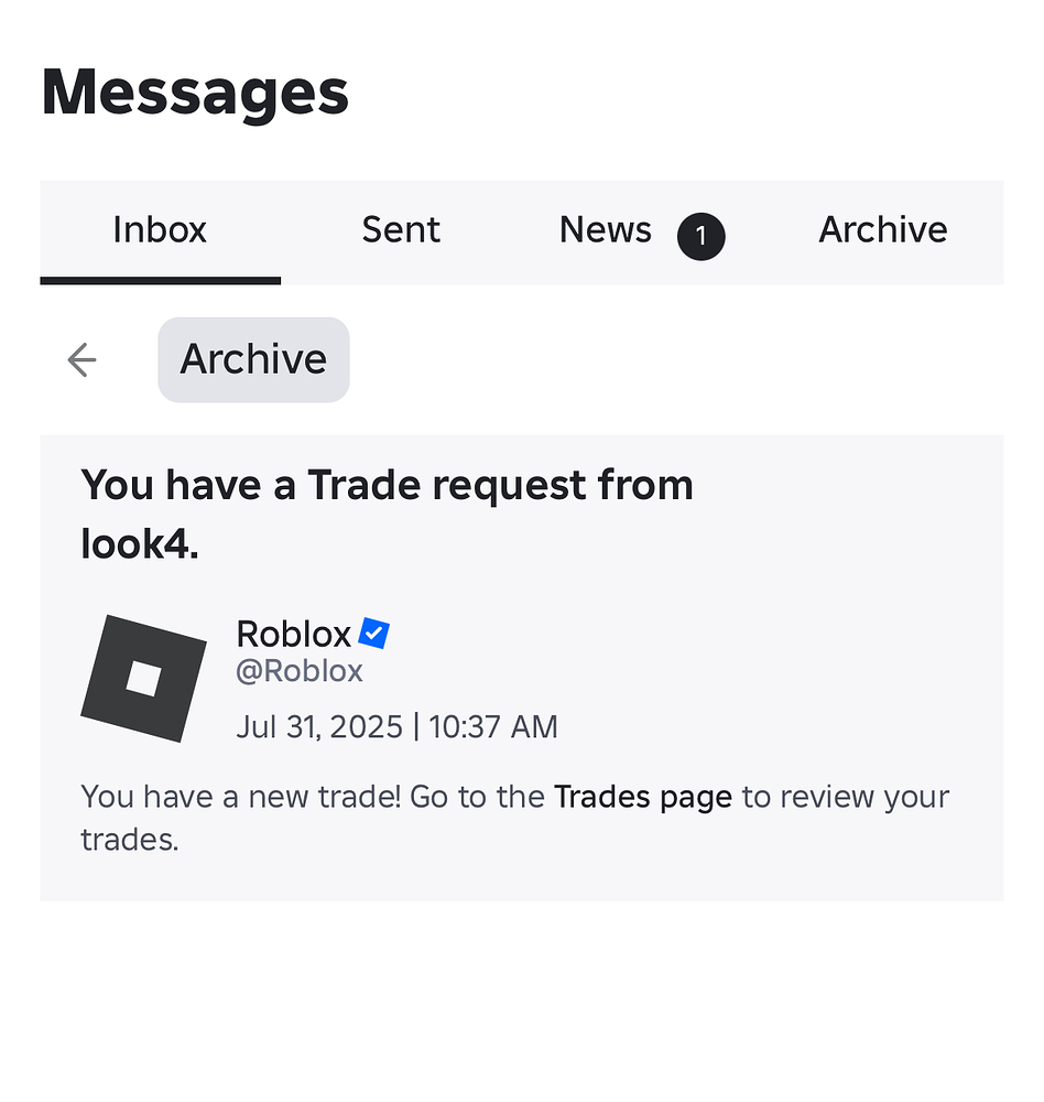 Roblox trade message contains incorrect link - Roblox Application and ...