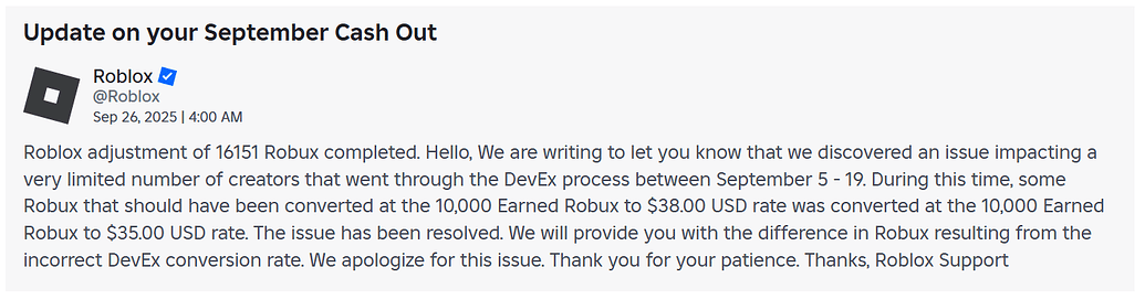 Robux being exchanged at the old rate despite being earned after ...
