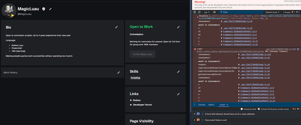 Error 504 Timeout for load Work History in Talent Hub - Creator Hub (create.roblox.com) Bugs ...
