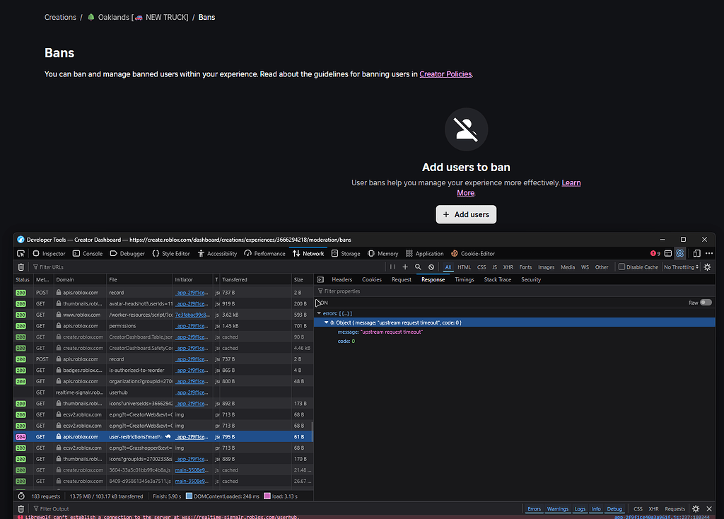 Creator Hub Ban Panel Fails to Load - Creator Hub (create.roblox.com ...