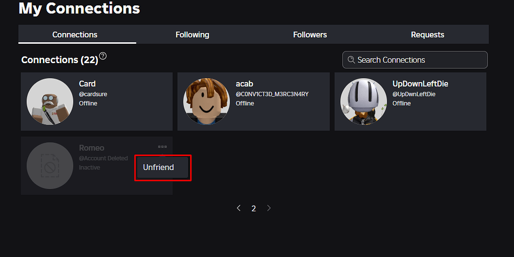 Removing banned / deleted connections still says "Unfriend" - Roblox ...
