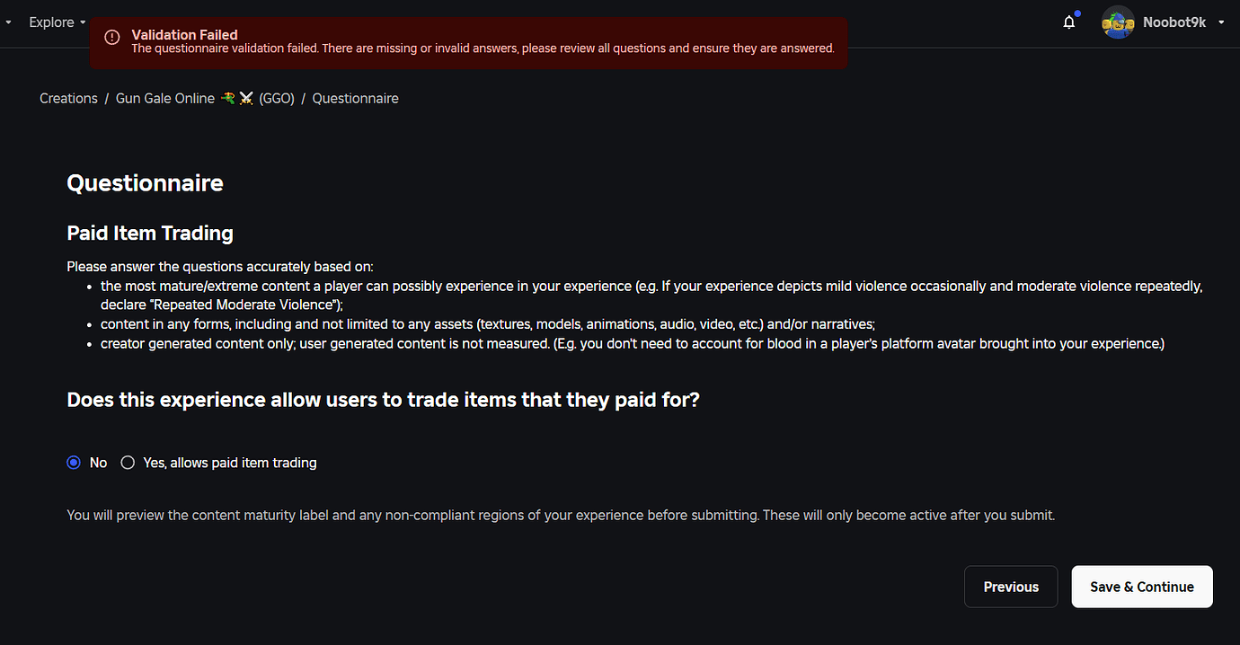 Cannot complete experience questionnaire; "Validation Failed" - Roblox ...