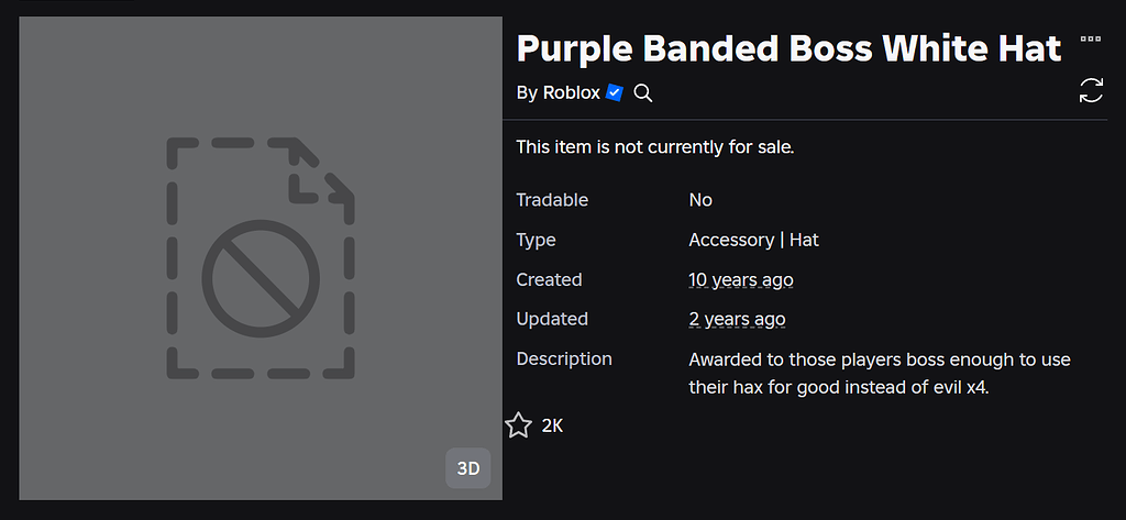 Purple Banded Boss White Hat was deleted - Catalog Asset Bugs ...
