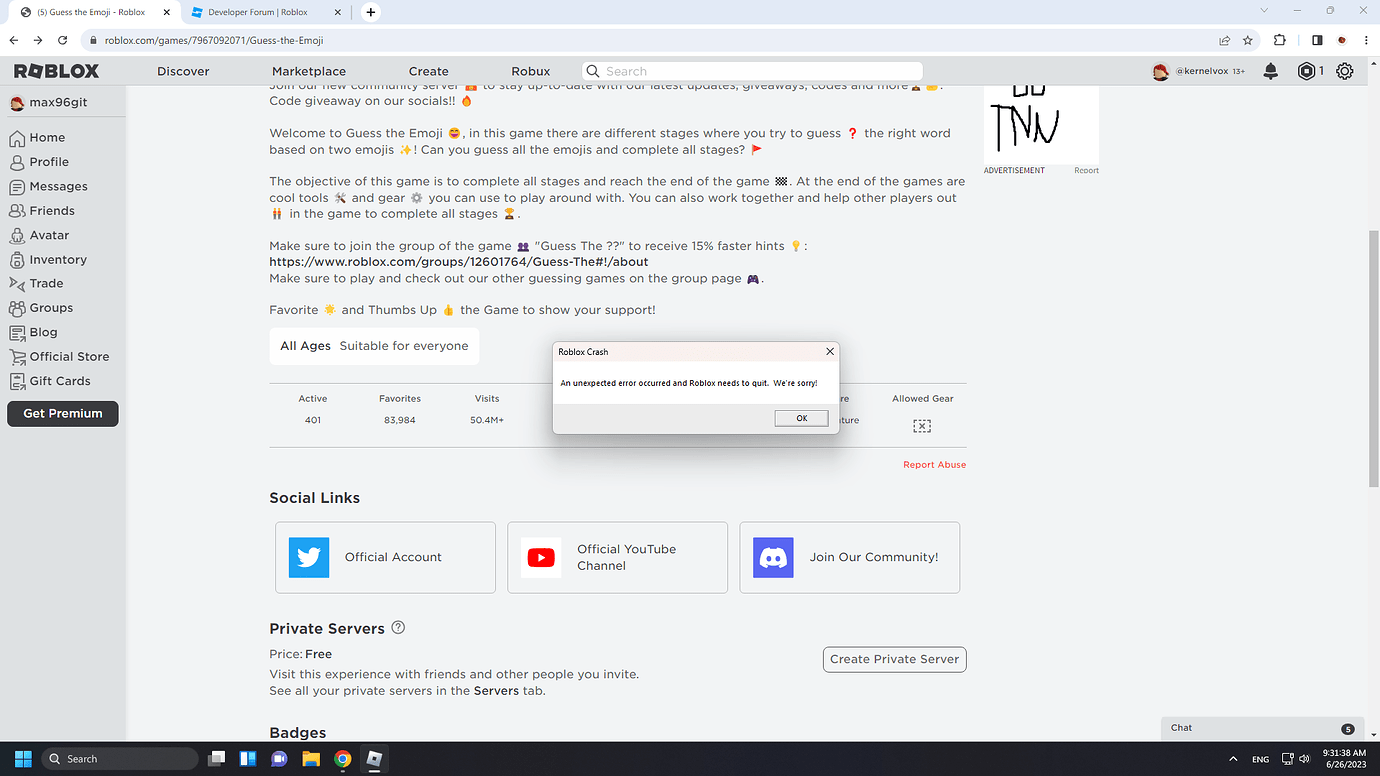 Roblox keeps crashing on startup - Platform Usage Support - Developer ...