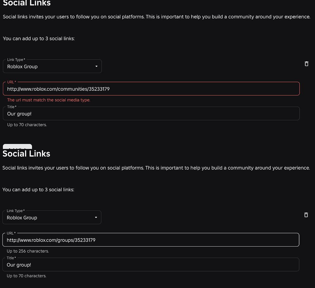 New group url (roblox.com/community) Breaks social links - Creator Hub ...
