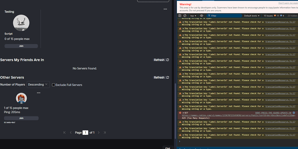 Refreshing server list cause mass warning in console with Label.ServerId - Roblox Application ...