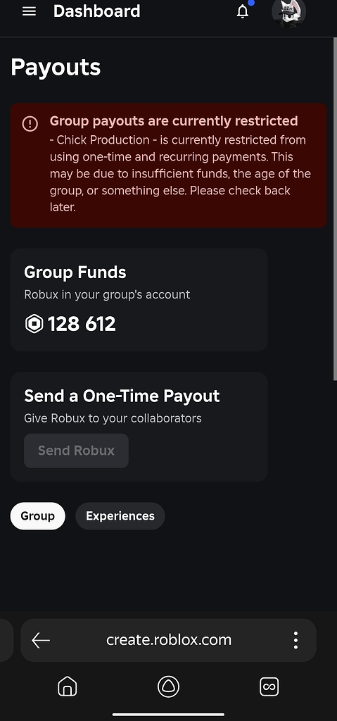 Group payouts are currently restricted - Creator Hub (create.roblox.com) Bugs - Developer Forum ...