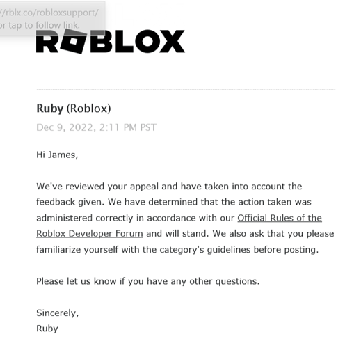 No way to appeal? - Forum Features - Developer Forum | Roblox