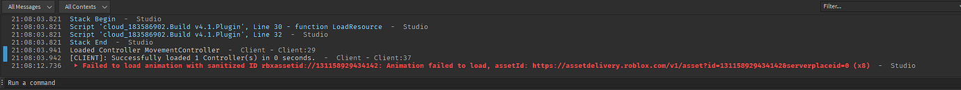 Failed to load animation with sanitized ID rbxassetid://131158929434142: Animation failed to ...