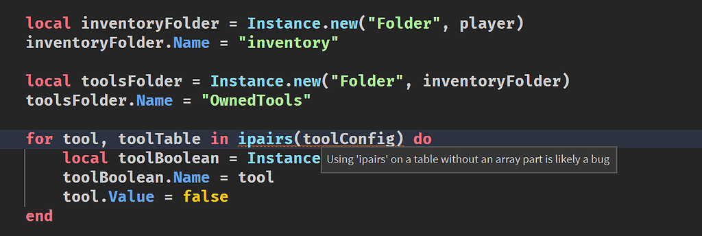 Using 'ipairs' on a table without an array part is likely a bug ... Using 'ipairs' on a table without an array part is likely a bug ...