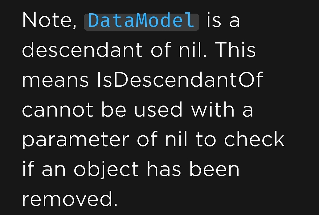 IsDescendantOf(nil) always returns true - Engine Bugs - Developer Forum | Roblox