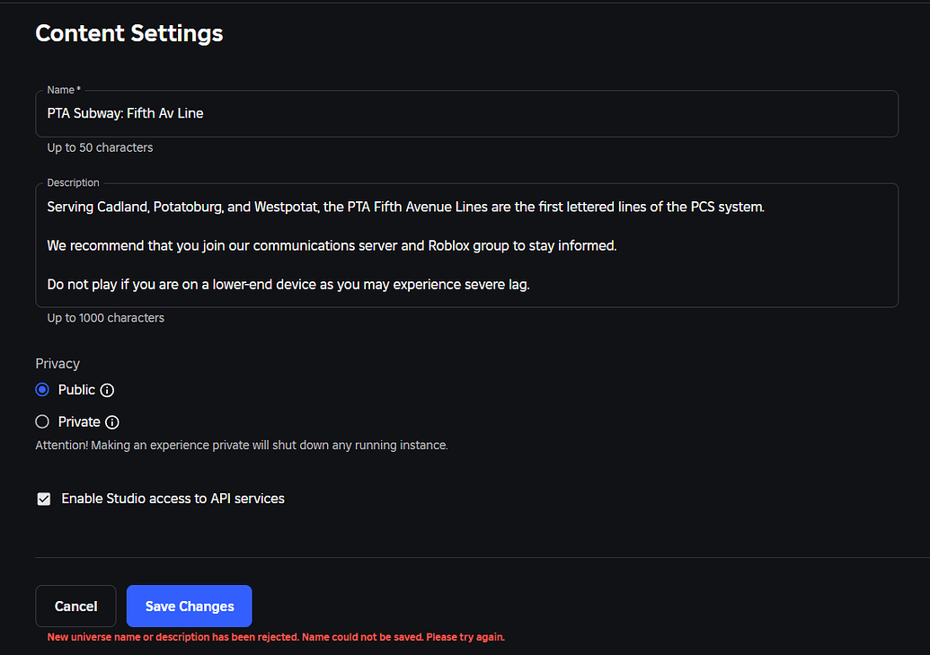 Creator Hub refuses to change name and description - Creator Hub ...