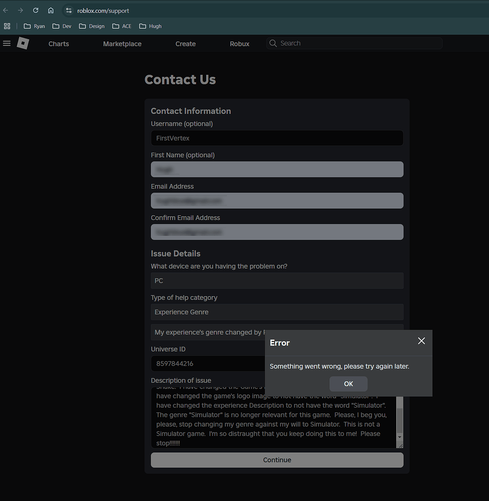 Support Form for Genre Appeal has a generic error on submit - Roblox Application and Website ...