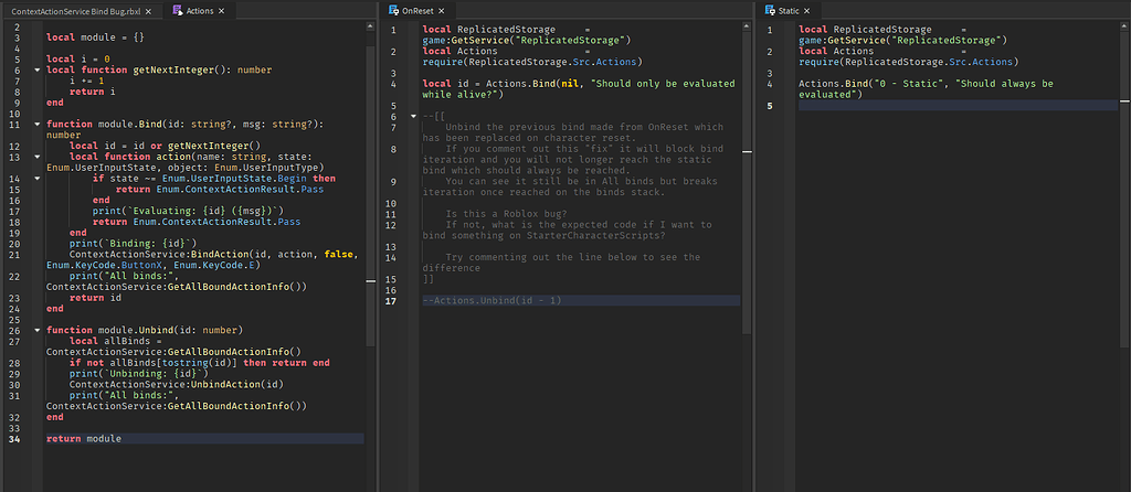 ContextActionService breaks iteration of bind-stack - Engine Bugs - Developer Forum | Roblox