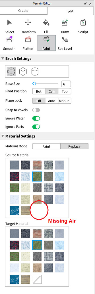 Both the old and new (beta) terrain editor is missing the air material - Studio Bugs - Developer ...