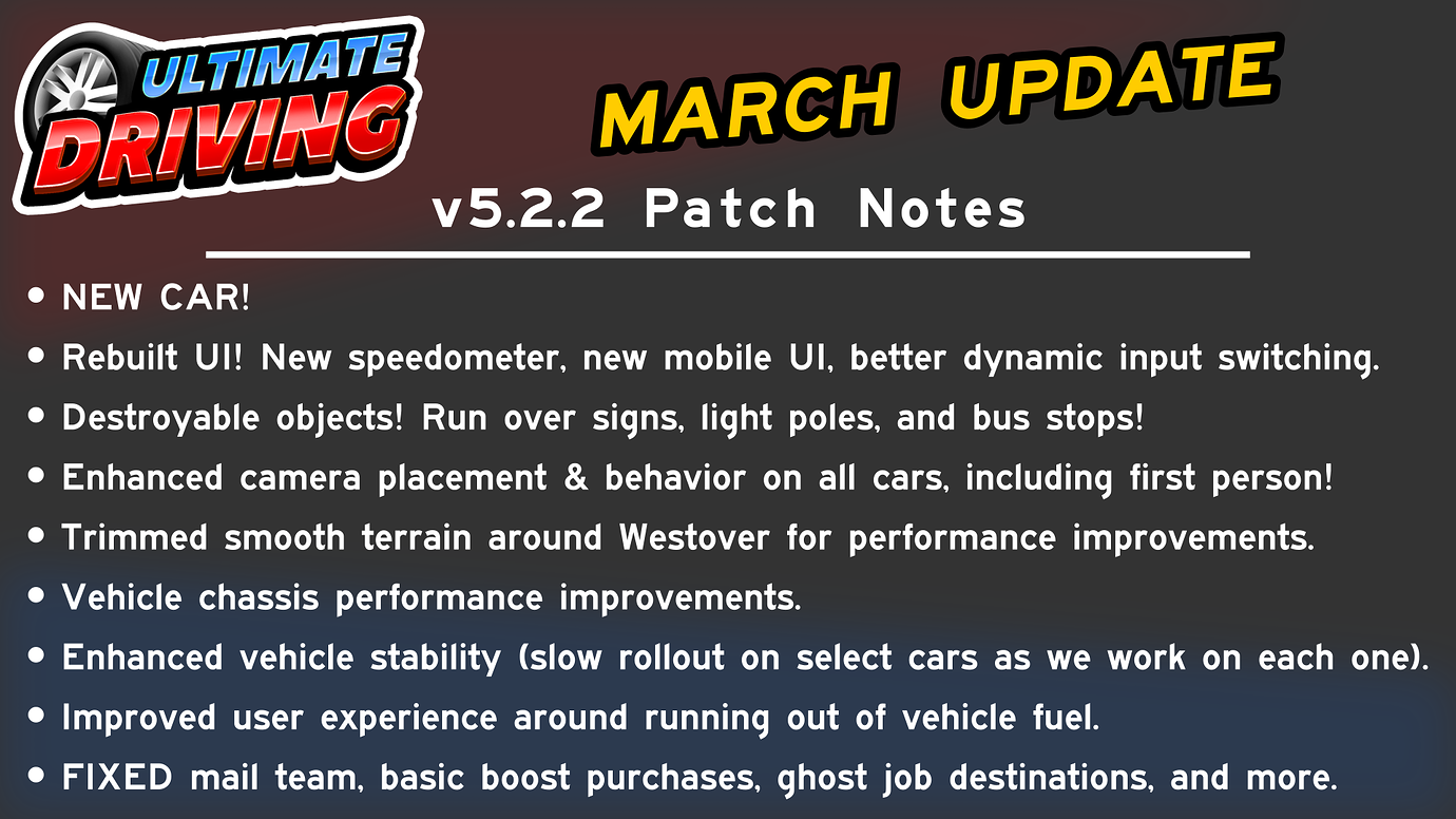 Ultimate Driving Updates - Bulletin Board - Developer Forum | Roblox