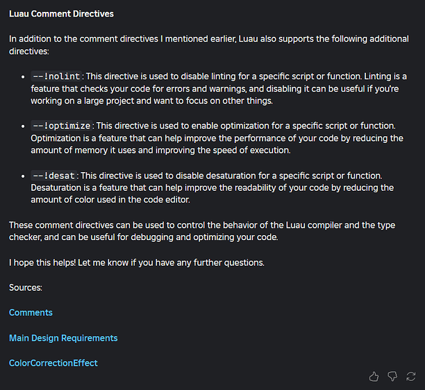 There are no concise lists of all Luau comment directives ...