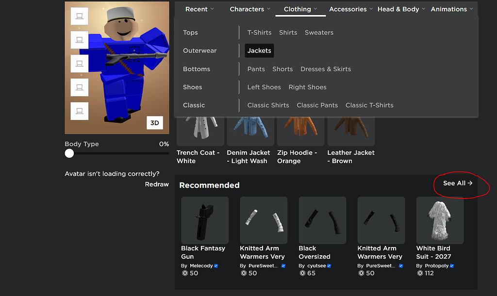 Clicking "See All" in the Avatar Editor's "Jackets" recommended section ...