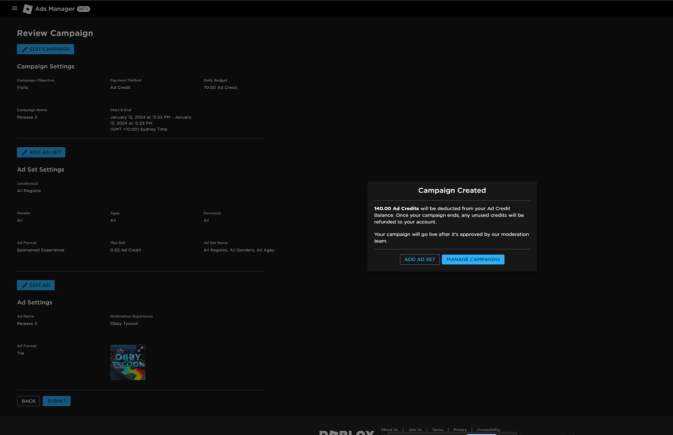 Ads Manager Funds 1-Day Campaigns with x2 Days Worth of Daily Budget - Roblox Application and ...
