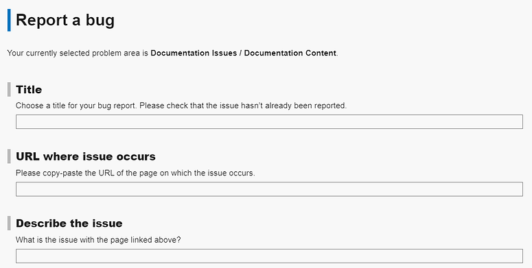 "Documentation Content" issues no longer support markdown when filed through the Bug Wizard ...